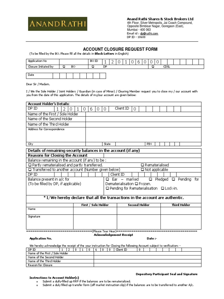 Anand Rathi Demat Account Closure Form | PDF | Business