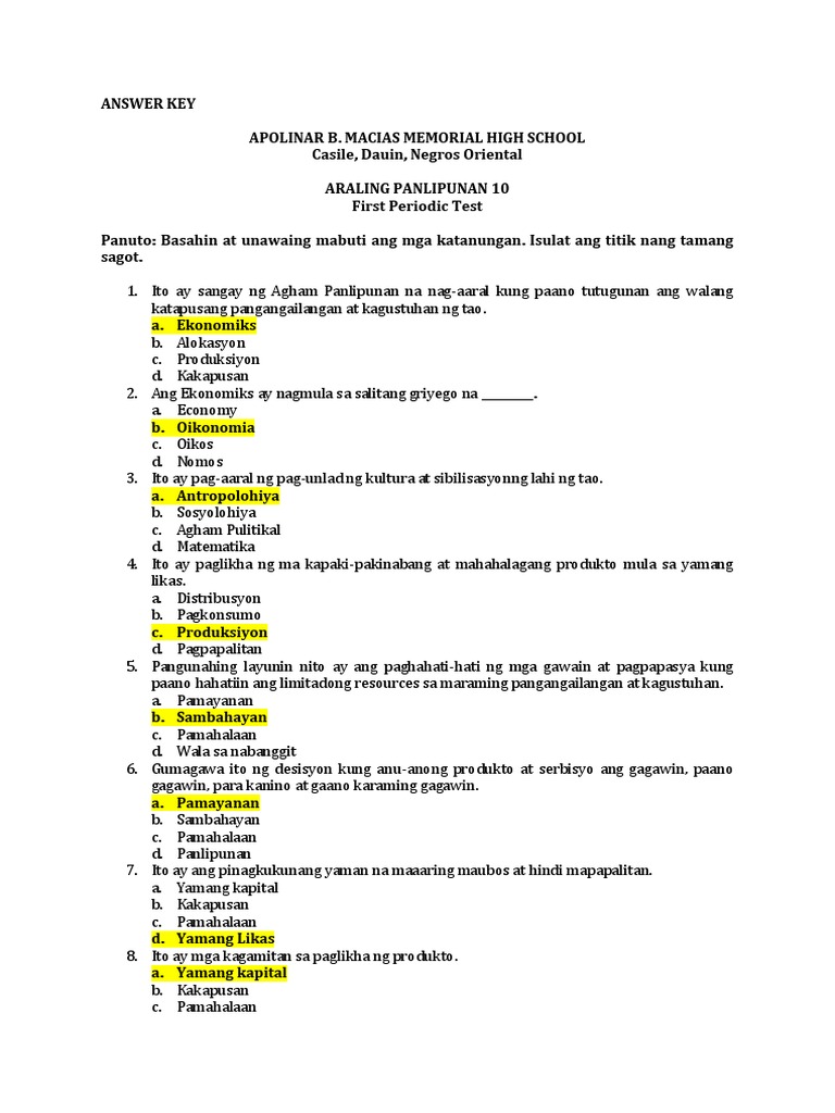 Aral - Pan.10 First Periodical Answer Key | PDF