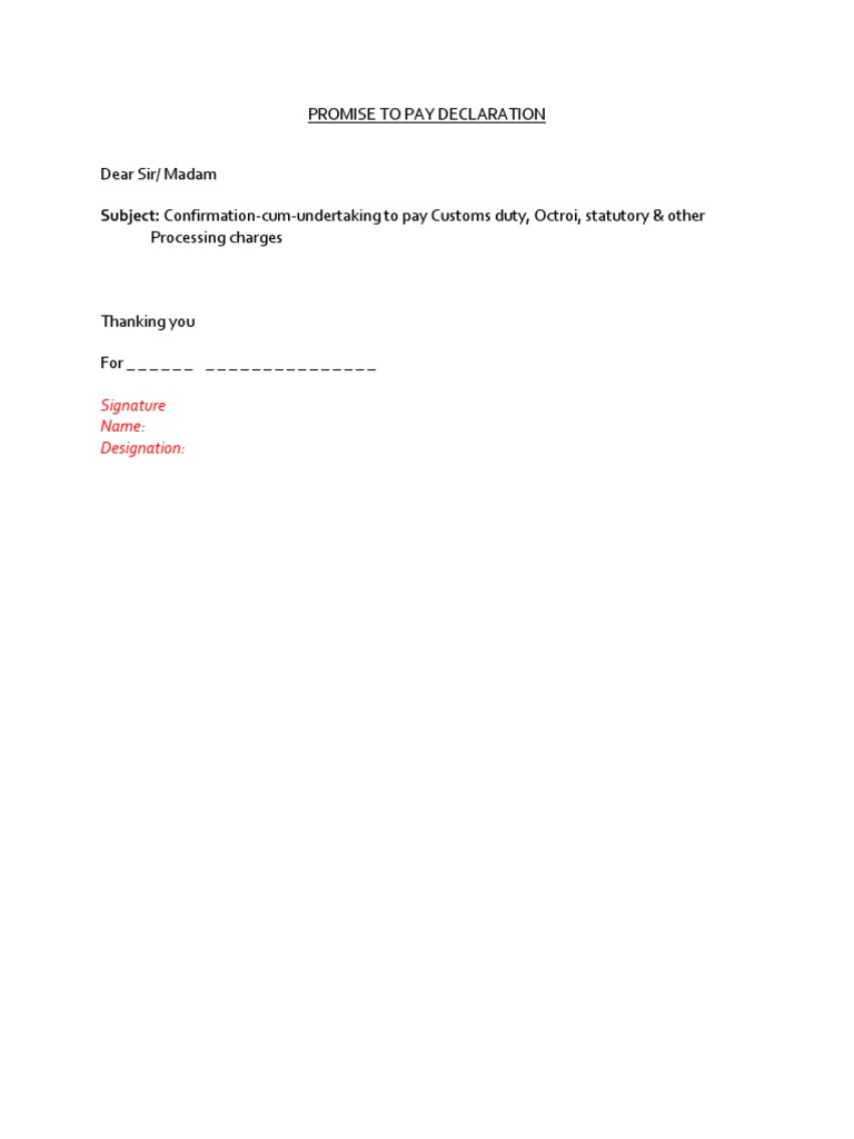 Subject: Confirmation-Cum-Undertaking To Pay Customs Duty, Octroi ...