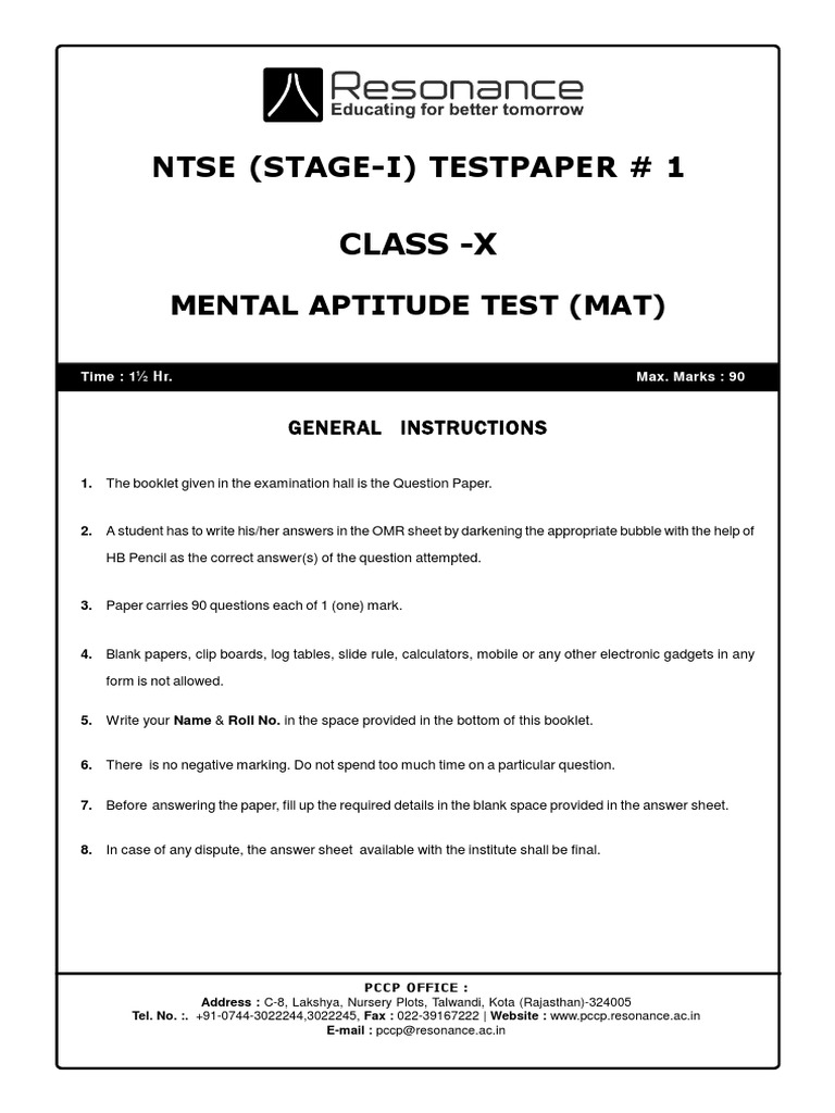 Mat Paper-1 Ntse | PDF | Test (Assessment)