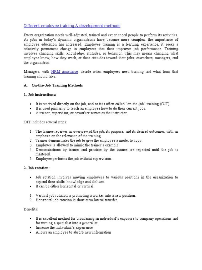 HRM Assistance: A. On-the-Job Training Methods 1. Job Instructions ...