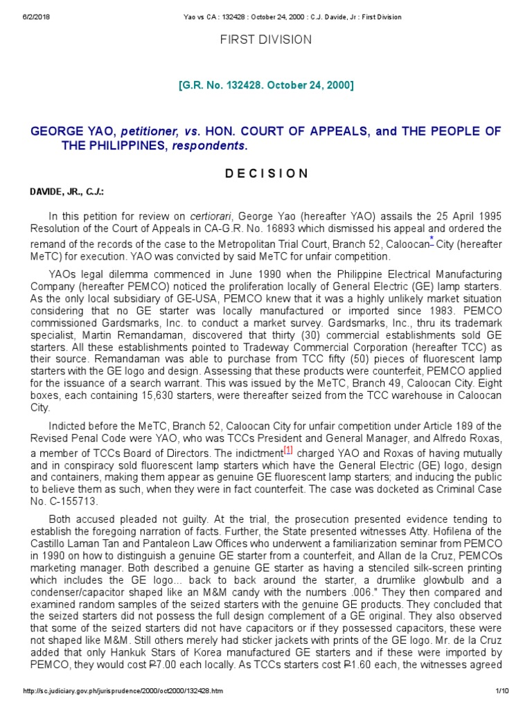 George Yao, Petitioner, vs. Hon. Court of Appeals, and The People of ...