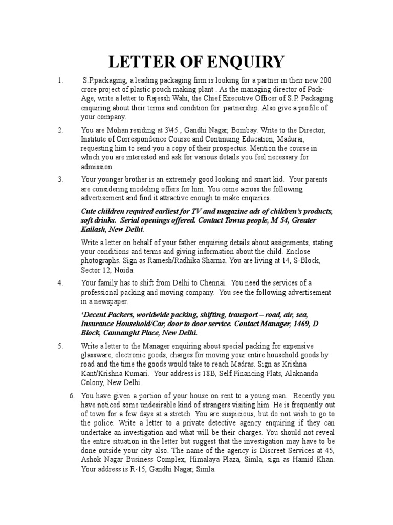 Letter of Enquiry | PDF | Delhi | Prices
