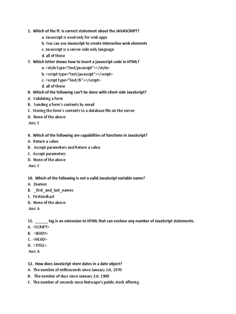 Javascript Multiple Choice Questions And Answers Pdf Java Script C Programming Language 