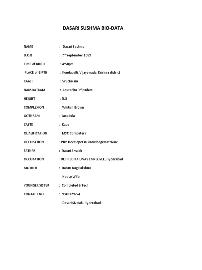 Sushma Bio-Data | PDF