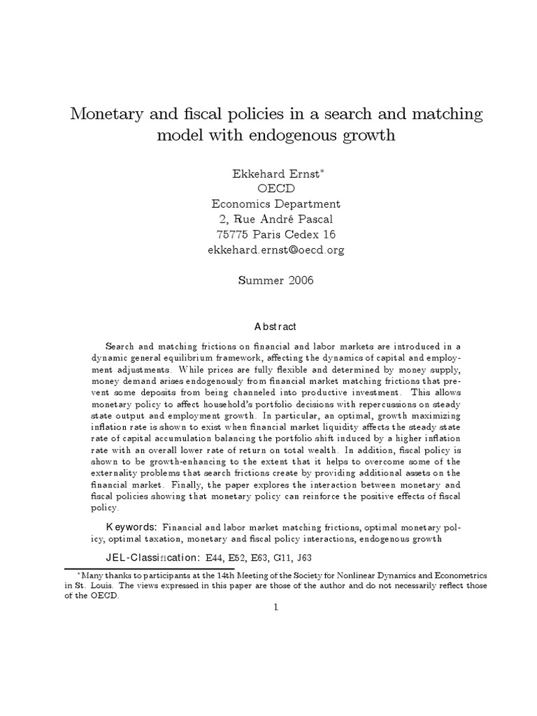 Monetary and Fiscal Policies in A Search and Matching Model With ...