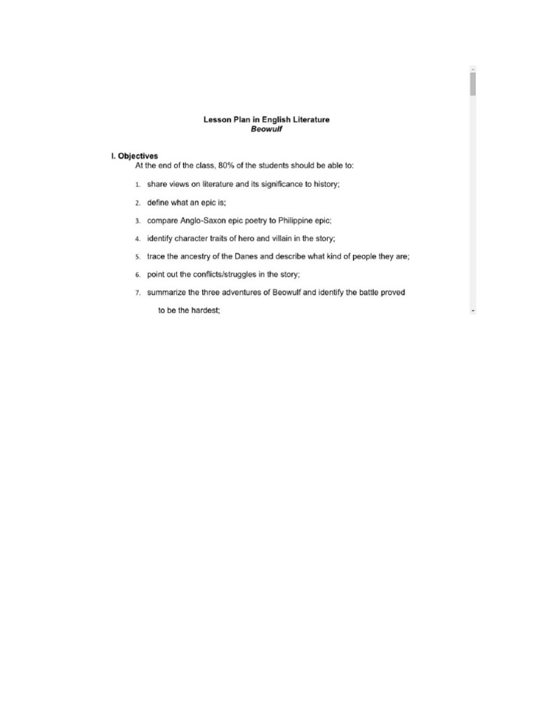 Daily Lesson Plan in English 9 Beowulf | PDF