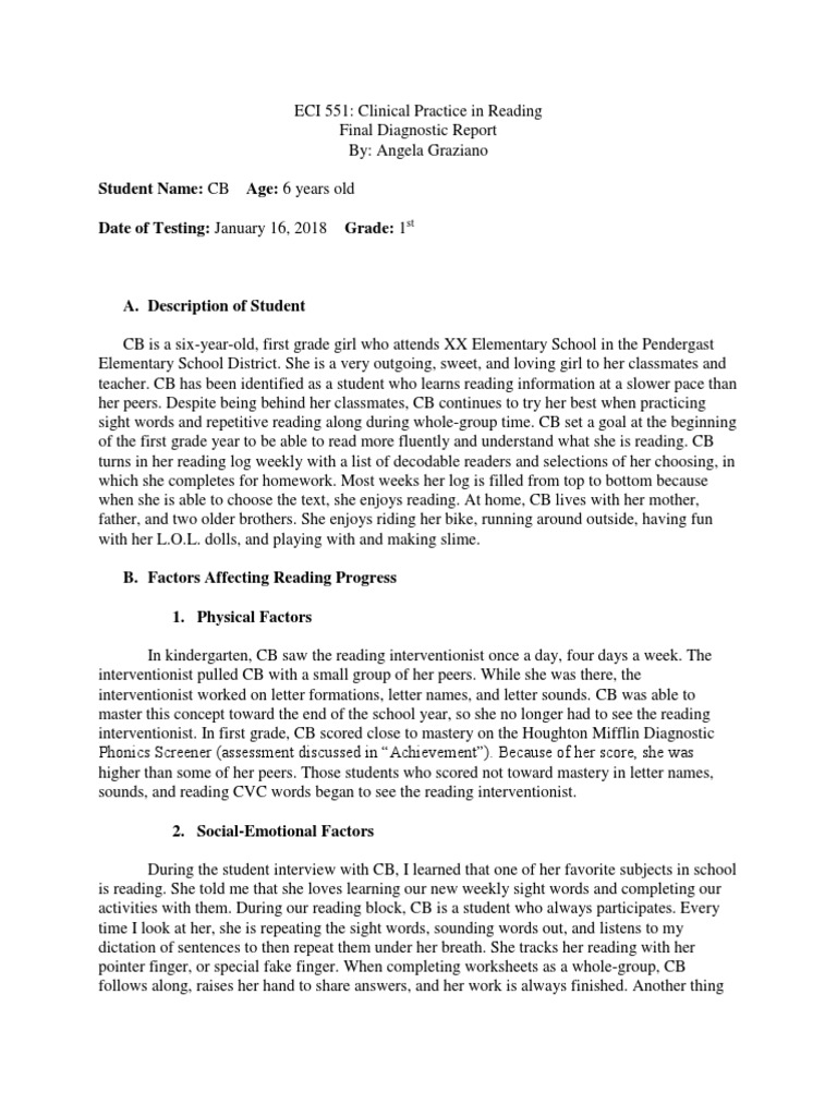 First Grade Reading Assessment Report | PDF | Reading Comprehension ...