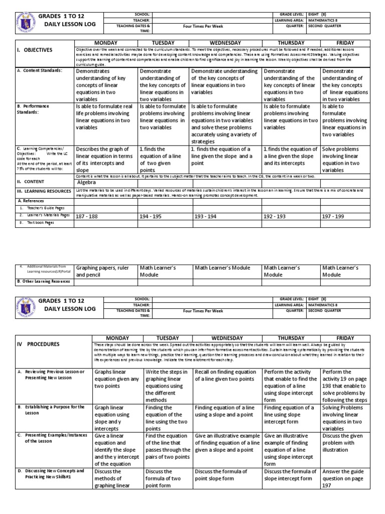 DLL - Math 8 - Q2 | PDF | Equations | Educational Assessment