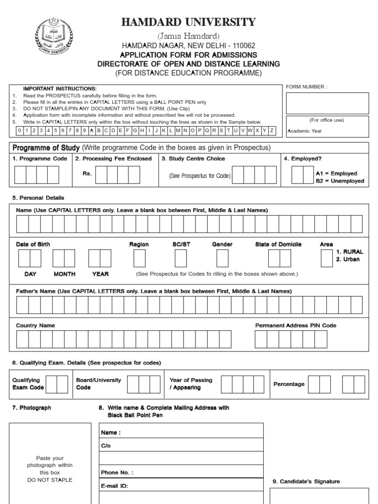 Jamia Hamdard Distance Education Form | PDF | University And College ...