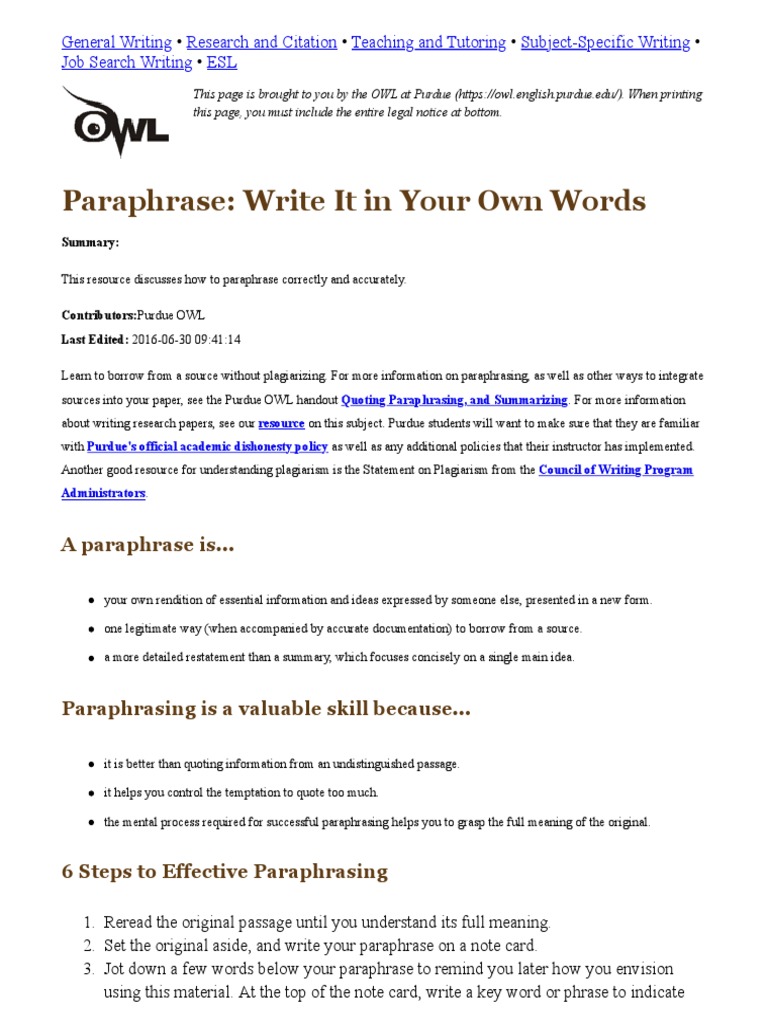 Purdue Owl Paraphrase Exercises | PDF | Plagiarism | Academic Publishing