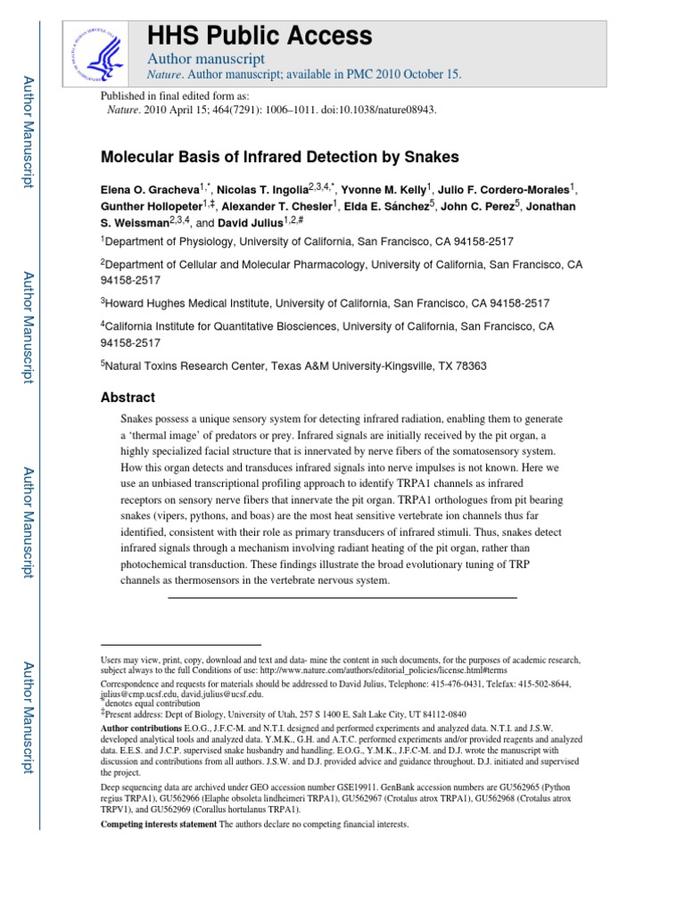 Molecular Basis of Infrared Detection by Snakes | PDF | Sequence ...
