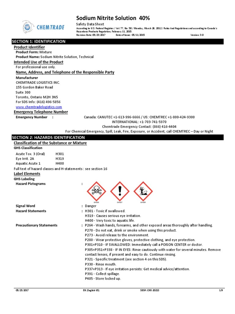 SDS-Sodium Nitrite Solution 40 CHE-2021S | Toxicity | Dangerous Goods