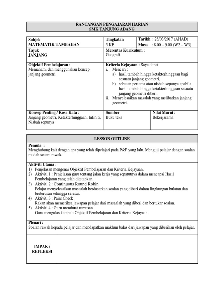 Contoh Tapak RPH PAK21 Add Math | PDF