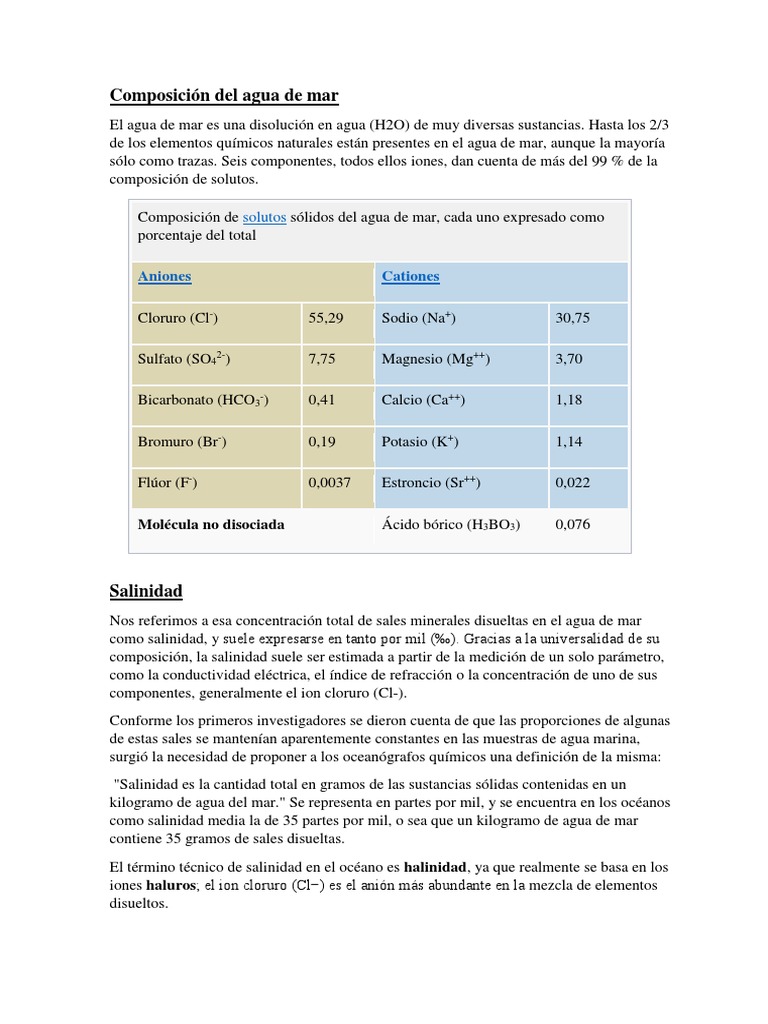 Composición química del agua de mar | PDF | Salinidad | Agua de mar