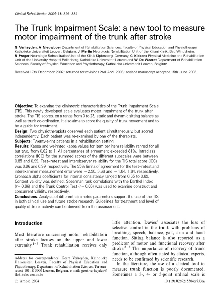 Trunk Impairment Scale PDF | PDF | Physical Therapy | Cronbach's Alpha