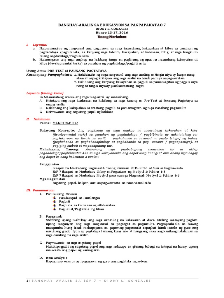 ESP 7 LESSON PLAN June12-17-160618071814 | PDF