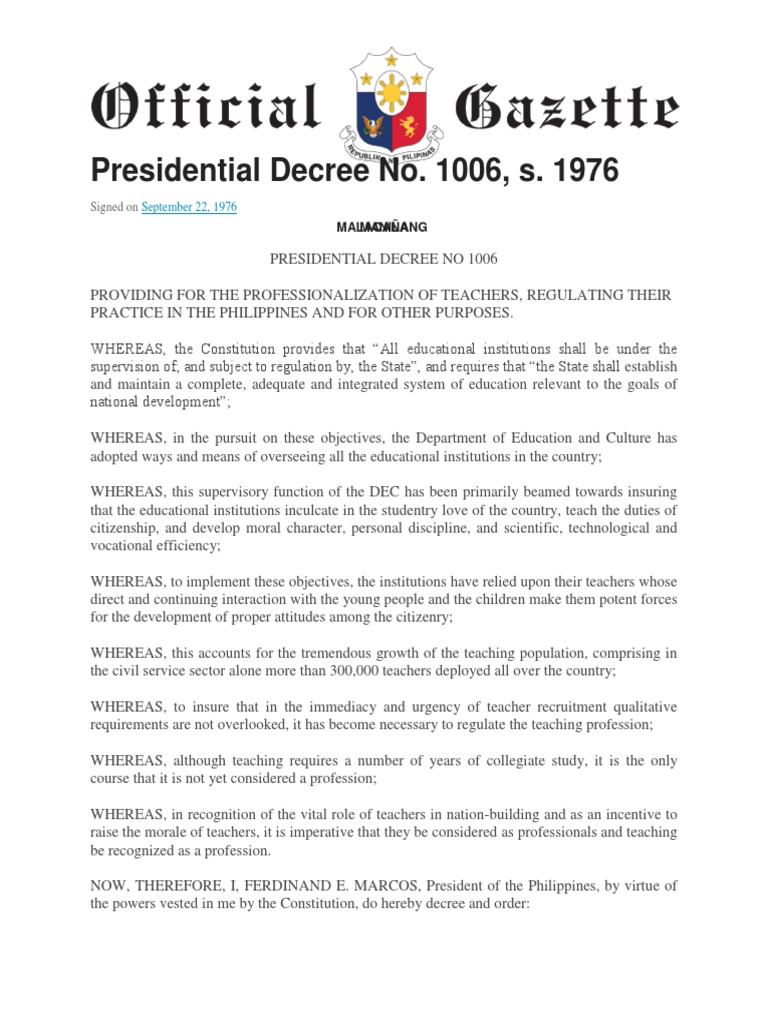 PD 1006 - Decree Professionalizing Teaching | PDF | President Of The ...