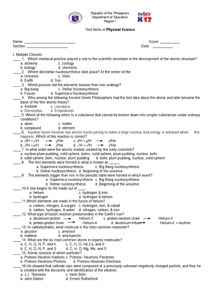 Physical Science Test Questions | PDF | Helium | Carbon