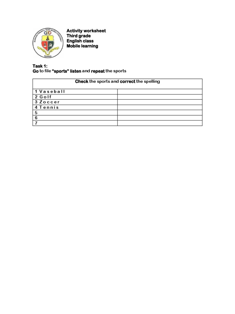 Activity Worksheet Third Grade English Class Mobile Learning PDF