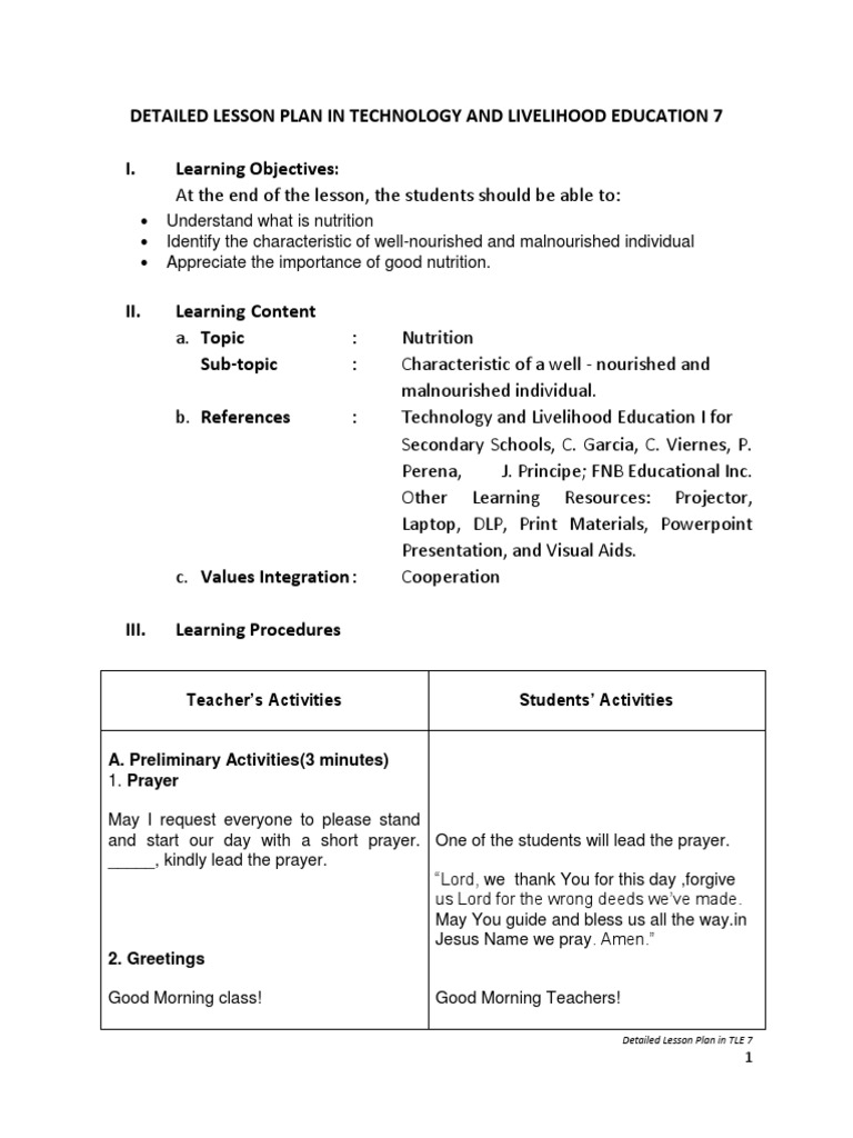 Detailed Lesson Plan in Technology and Livelihood Education I | PDF ...