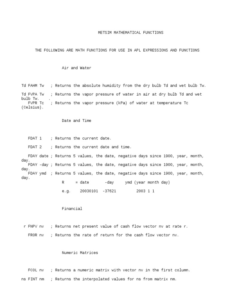 Metsim Mathematical Functions | PDF | Matrix (Mathematics) | Trigonometric Functions