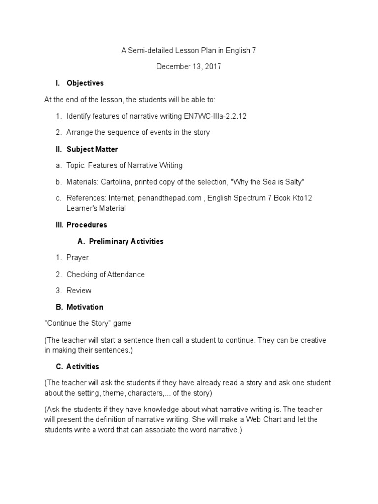 Features of Narrative Writing Lesson Plan | PDF | Narration | Lesson Plan