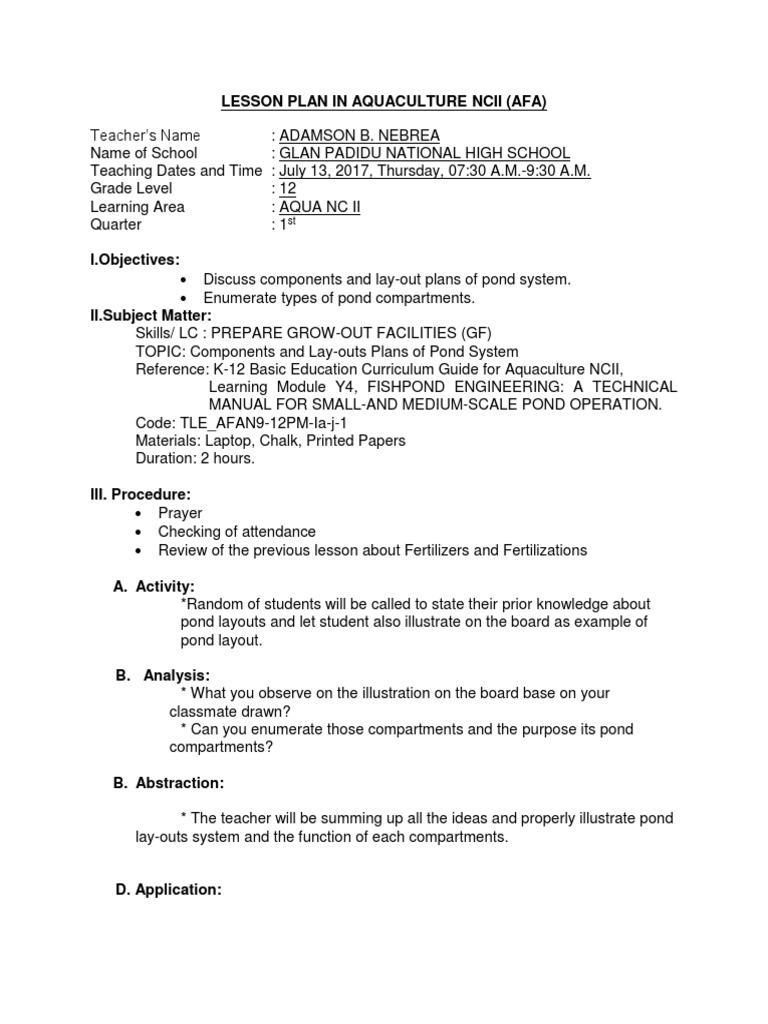 Lesson Plan in Aquaculture Ncii (Afa) | PDF