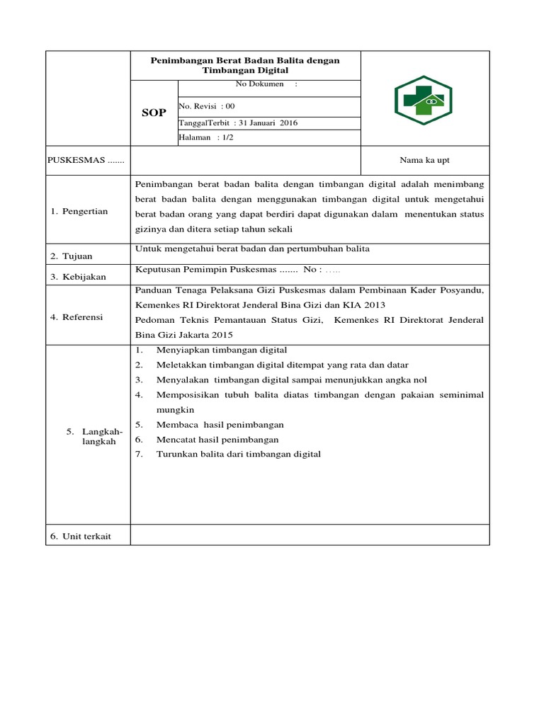 SOP Penimbangan BB DG Timbangan Digital | PDF | Kesehatan Holistik