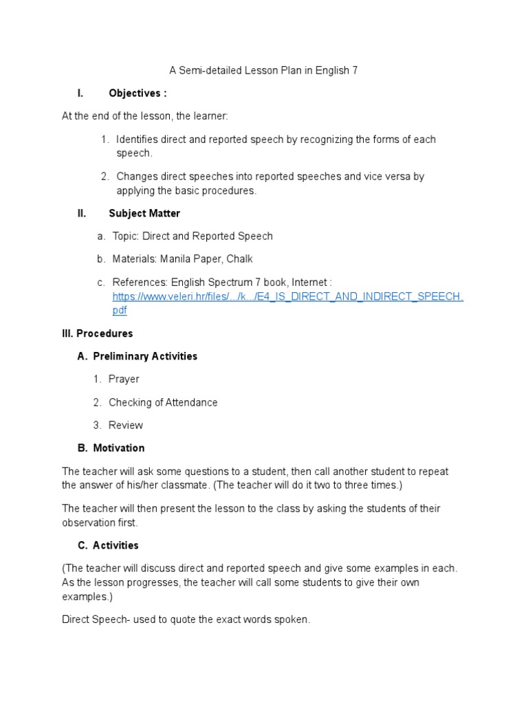 Direct and Reported Speech | PDF | Lesson Plan | Linguistic Typology