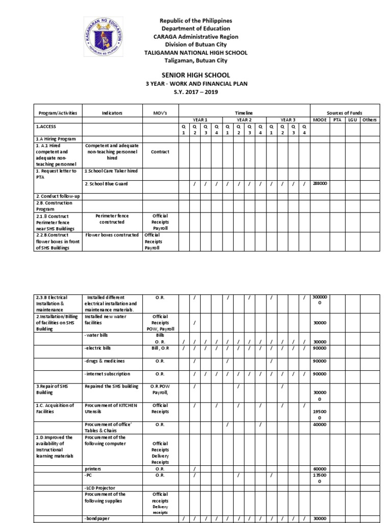 SHS 3 Years Work and Financial Plan WFP | PDF | Behavior Modification ...
