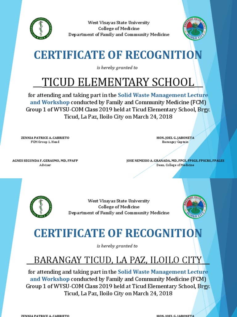 Certificate of Recognition: - Ticud Elementary School | PDF