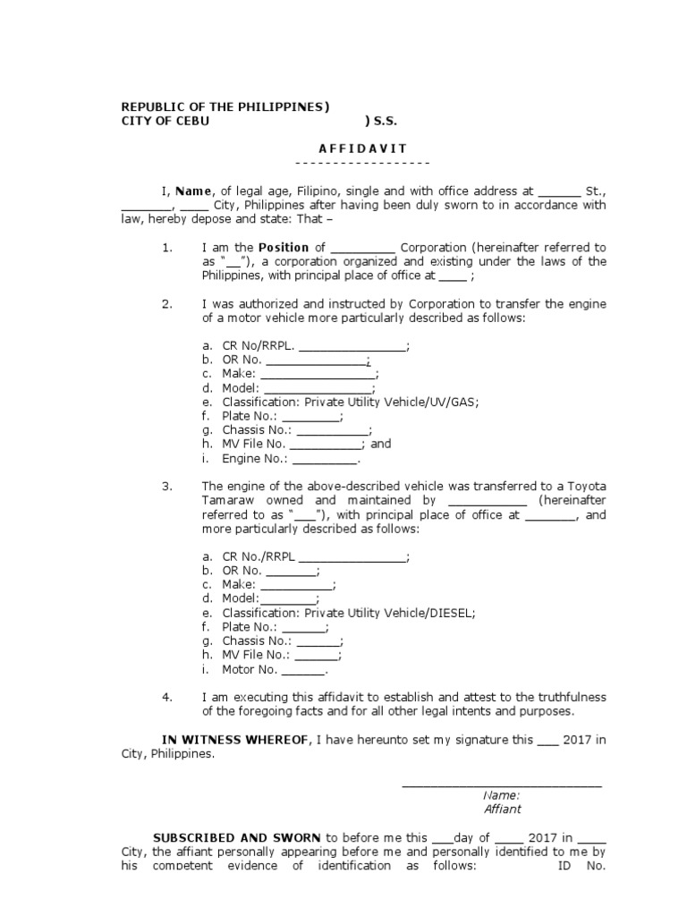 Affidavit of Change Engine (Sample) | PDF | Affidavit | Transportation ...