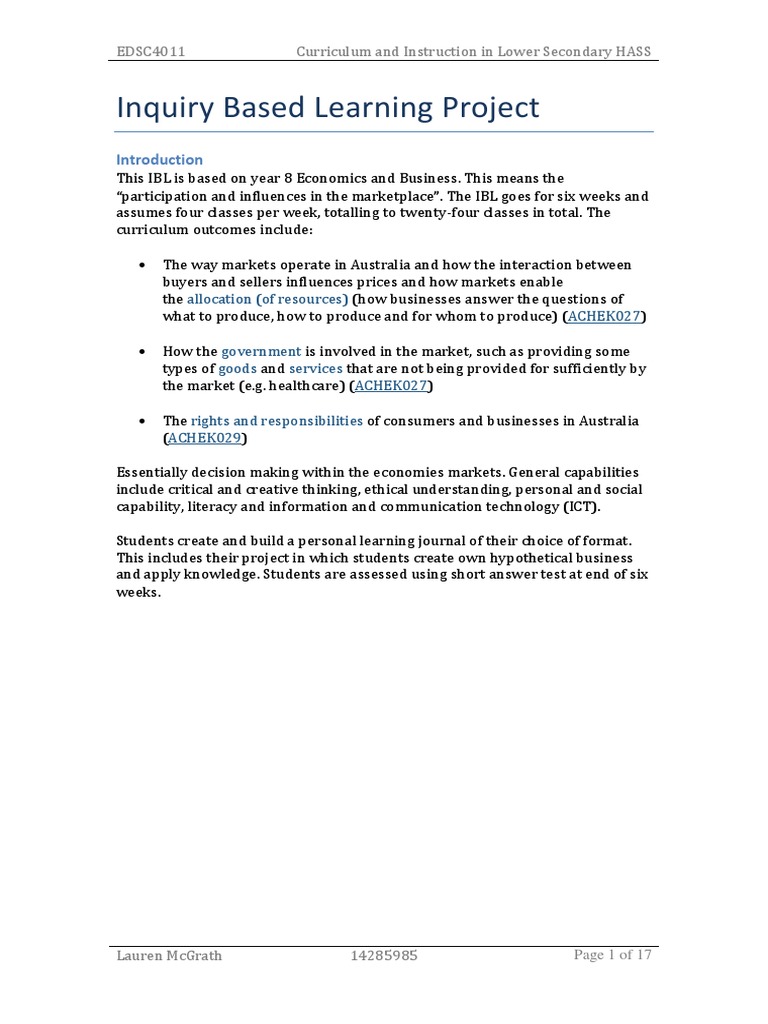 Inquiry Based Learning Project: EDSC4011 Curriculum and Instruction in ...