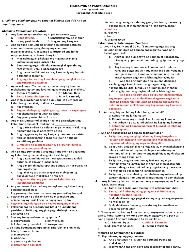 EsP Modyu L 1 (Quiz Bee) | PDF