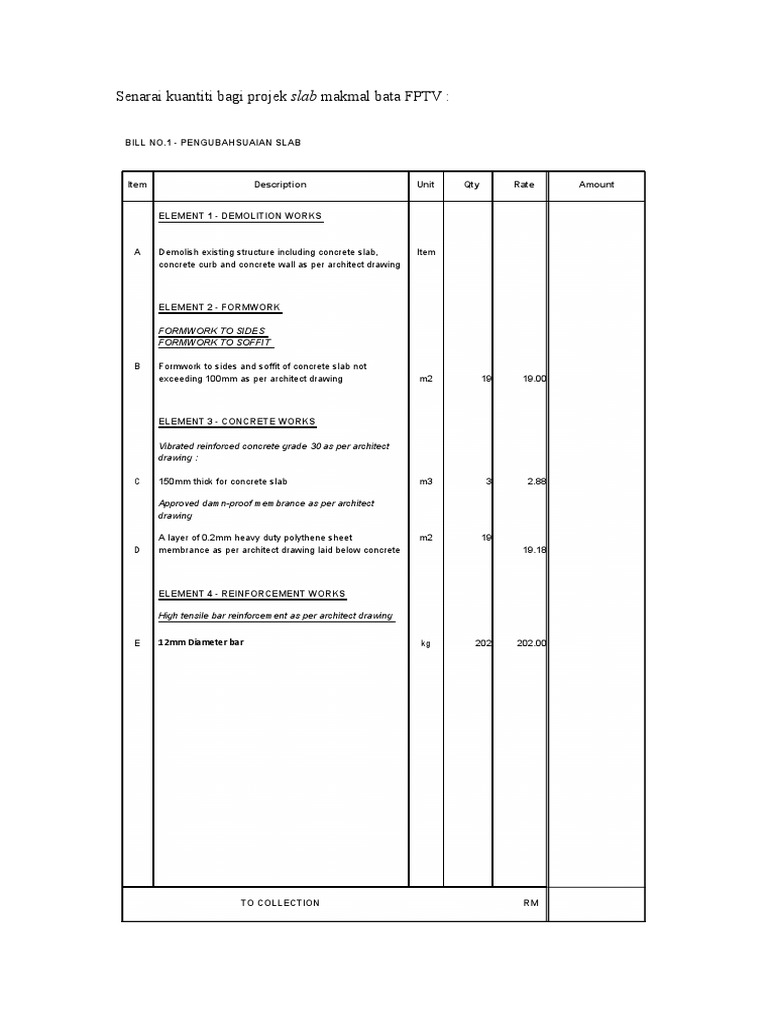 Senarai Kuantiti Bagi Projek Slab Makmal Bata FPTV:: Bill No.1 - Pengubahsuaian Slab | PDF