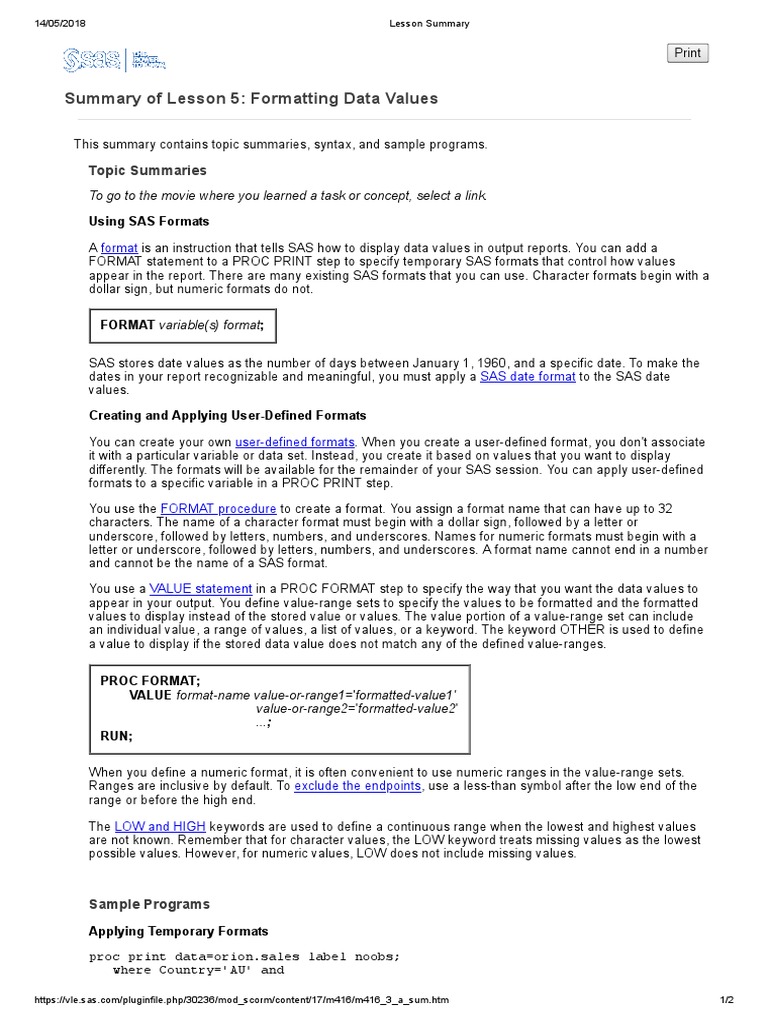 Summary of Lesson 5: Formatting Data Values: Topic Summaries | PDF | Sas (Software) | Computer ...