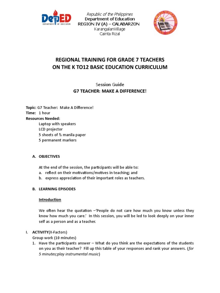 Regional Training For Grade 7 Teachers On The K To12 Basic Education ...