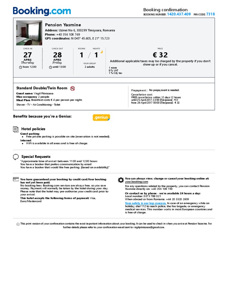 Booking Confirmation: Standard Double/Twin Room | Download Free PDF | Credit Card | Service ...