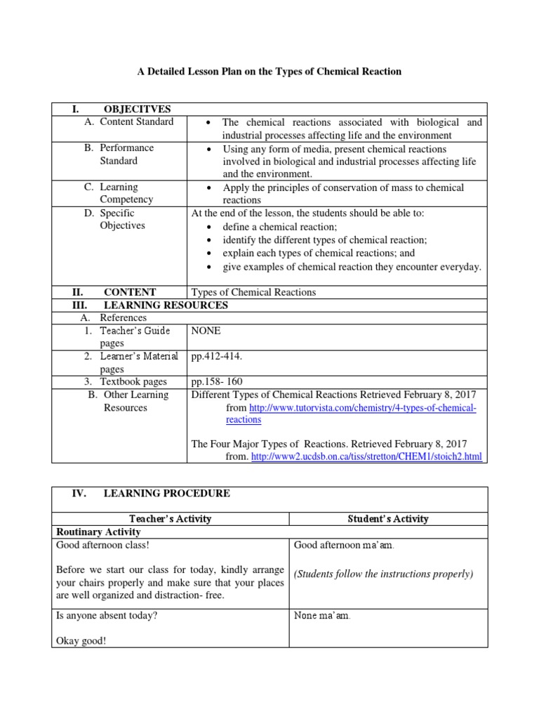 A Detailed Lesson Plan in Chemical Reactions | Chemical Reactions ...