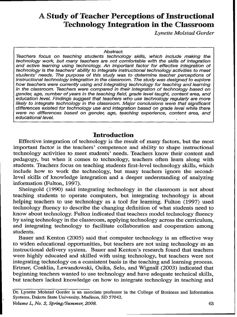 A Study of Teacher Perceptions of Instructional Technology Integration ...