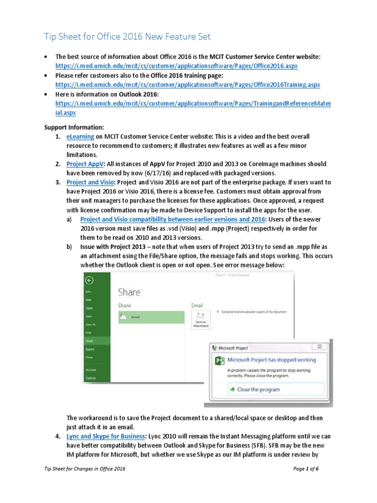 Tip Sheet For Office 2016 New Feature Set: Support Information: 1 | PDF ...