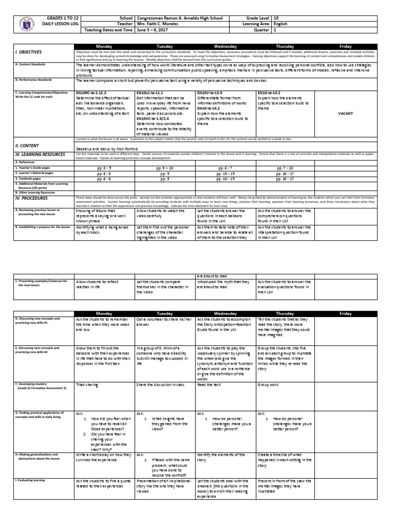 Monday Tuesday Wednesday Thursday Friday: I. Objectives | PDF ...
