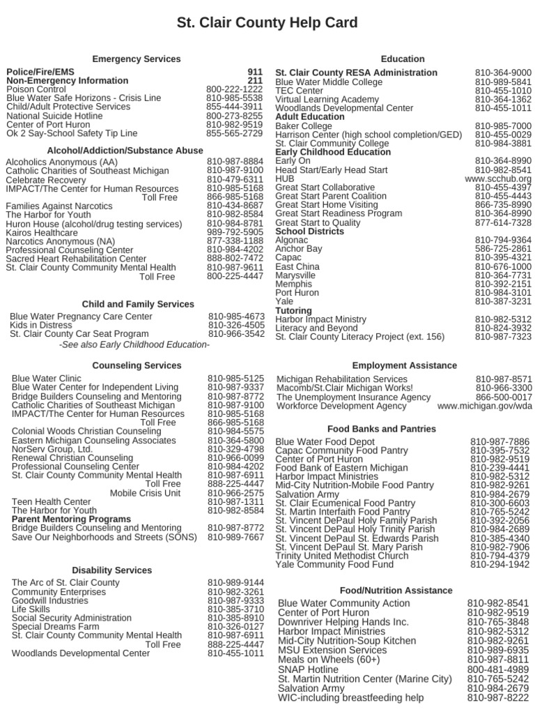 ST Clair County Help Card | PDF | Food Bank | Emergency Department