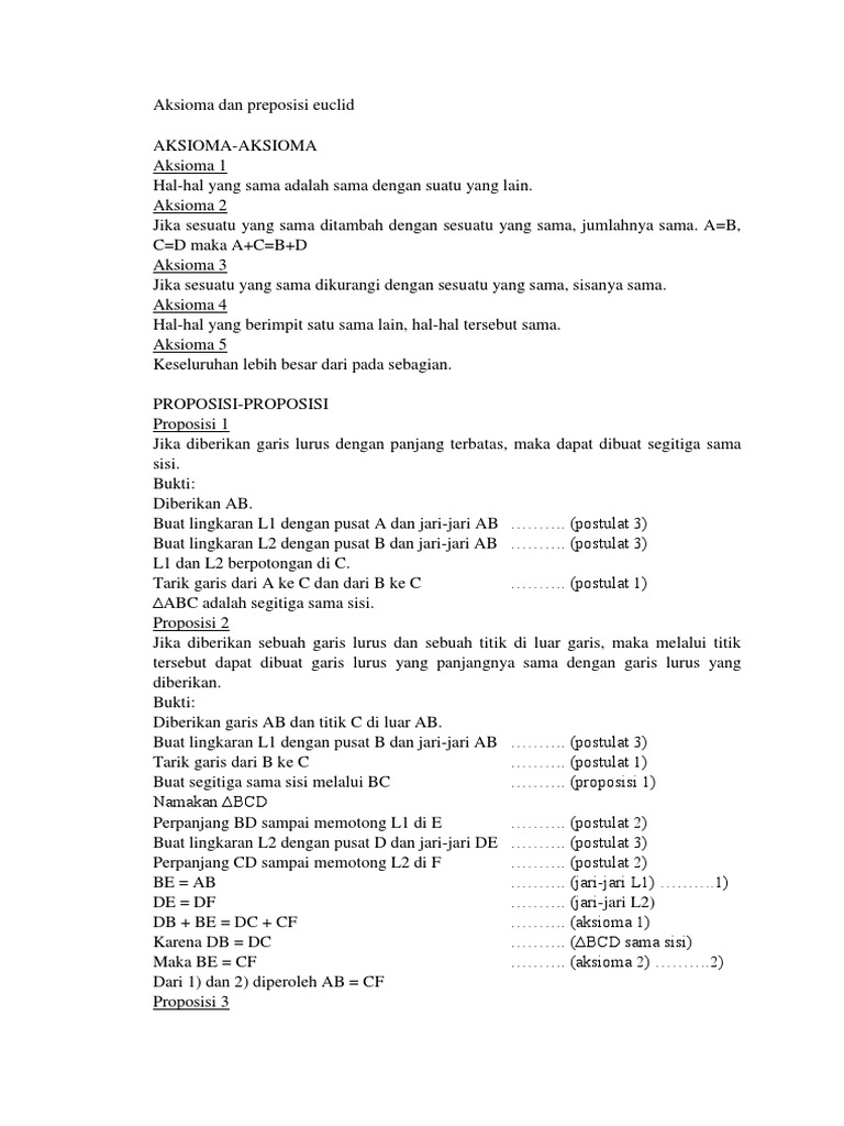 Aksioma Dan Preposisi Euclid | PDF | Metode & Bahan Ajar | Sains & Matematika