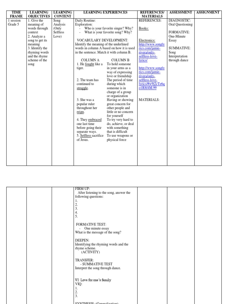 Time Frame Learning Objectives Learning Content Learning Experiences ...