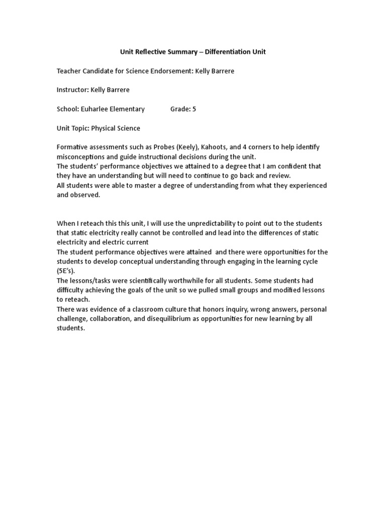 Unit Reflection - Differentiation Physical Science Unit | PDF