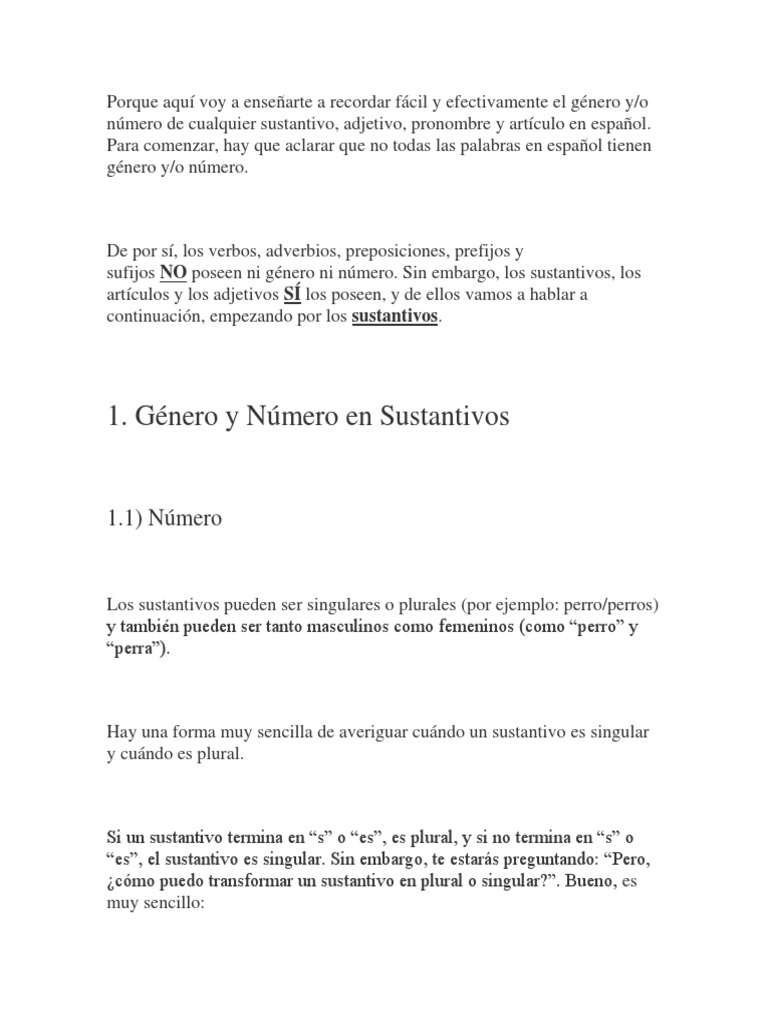 Género Y Número de Sustantivos, Adjetivos, Pronombres Y Artículos | PDF ...