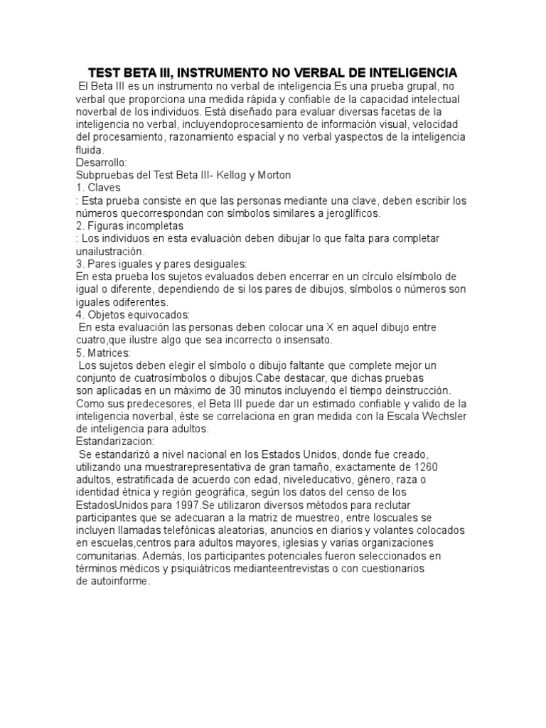 Test Beta III, Instrumento No Verbal de Inteligencia | PDF