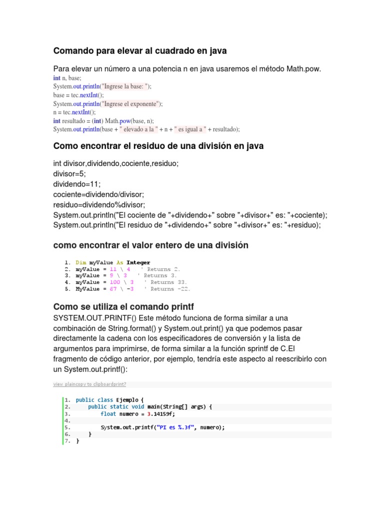 Comando para Elevar Al Cuadrado en Java | PDF